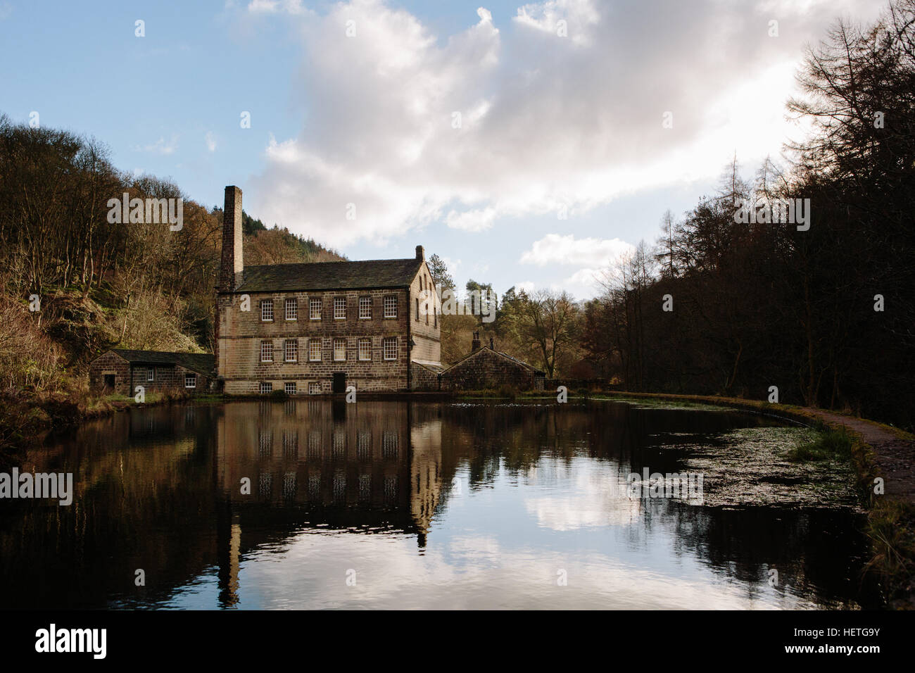 Gibson Mill set in the National Trust woodlands of Hardcastle Crag over ...
