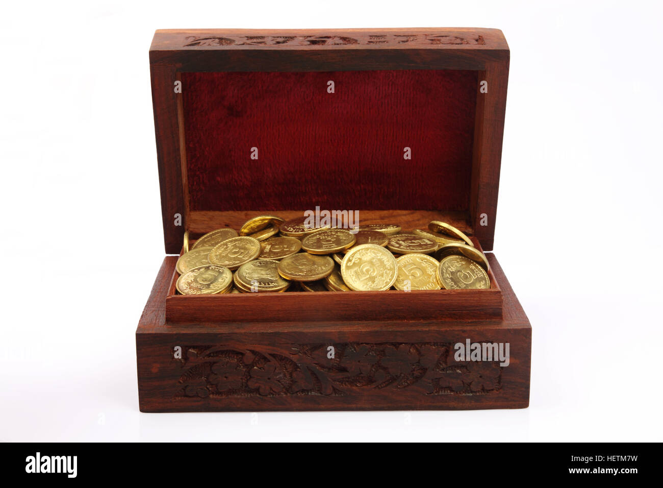 Wooden Treasure Chest with Gold Coin Stock Photo - Alamy