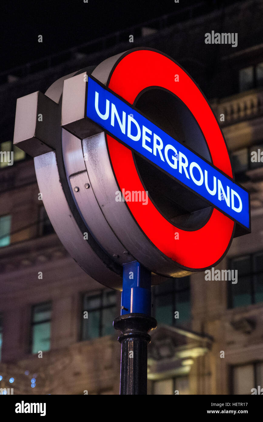 LONDON, UK - DECEMBER 20TH 2016: An illuminated sign for an Underground ...
