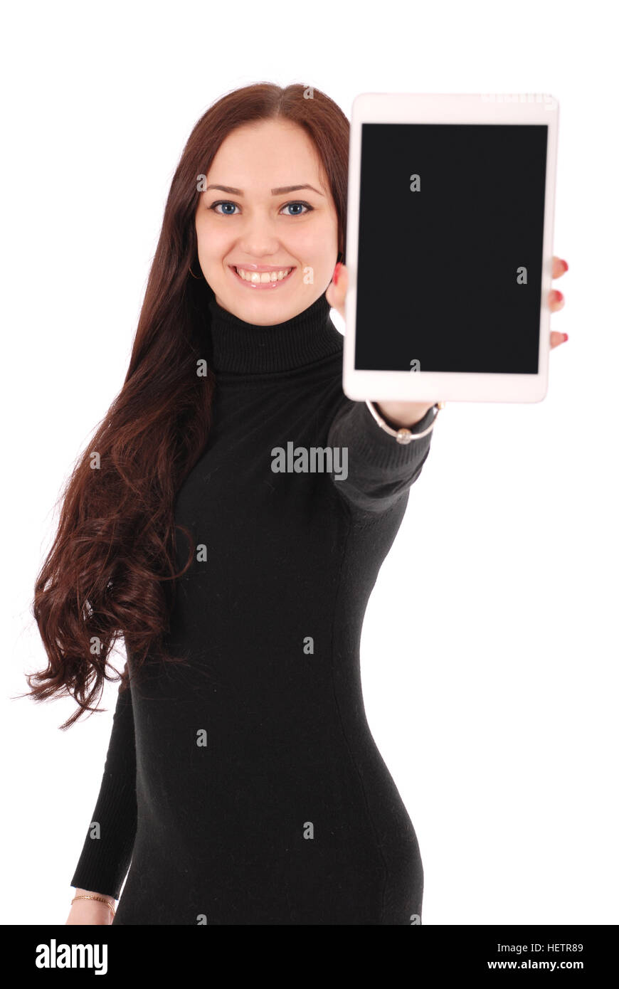 Smiling student teenage girl showing a tablet display application ...