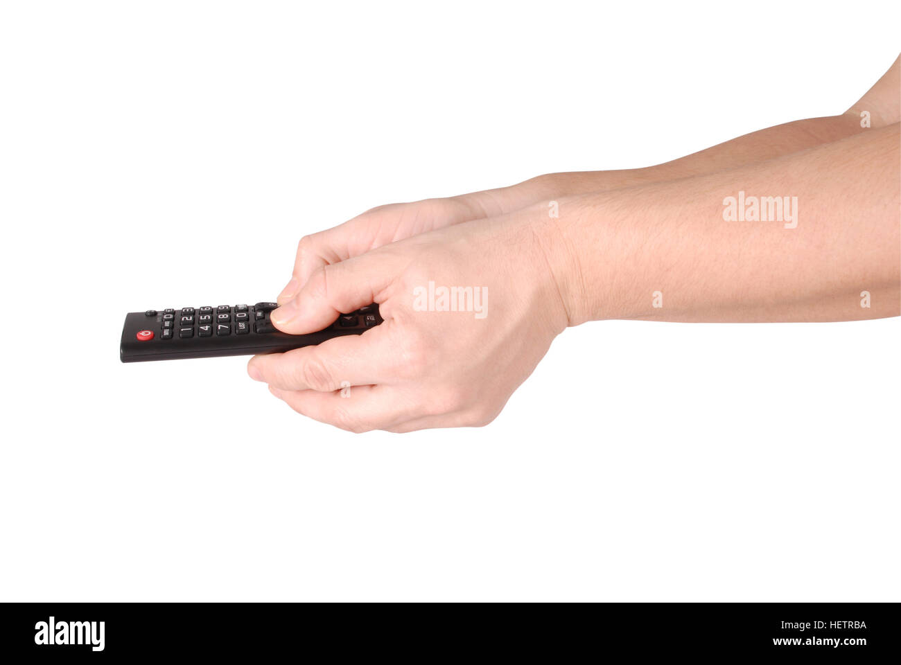 Hand holding remote control to the TV isolated with path Stock Photo ...