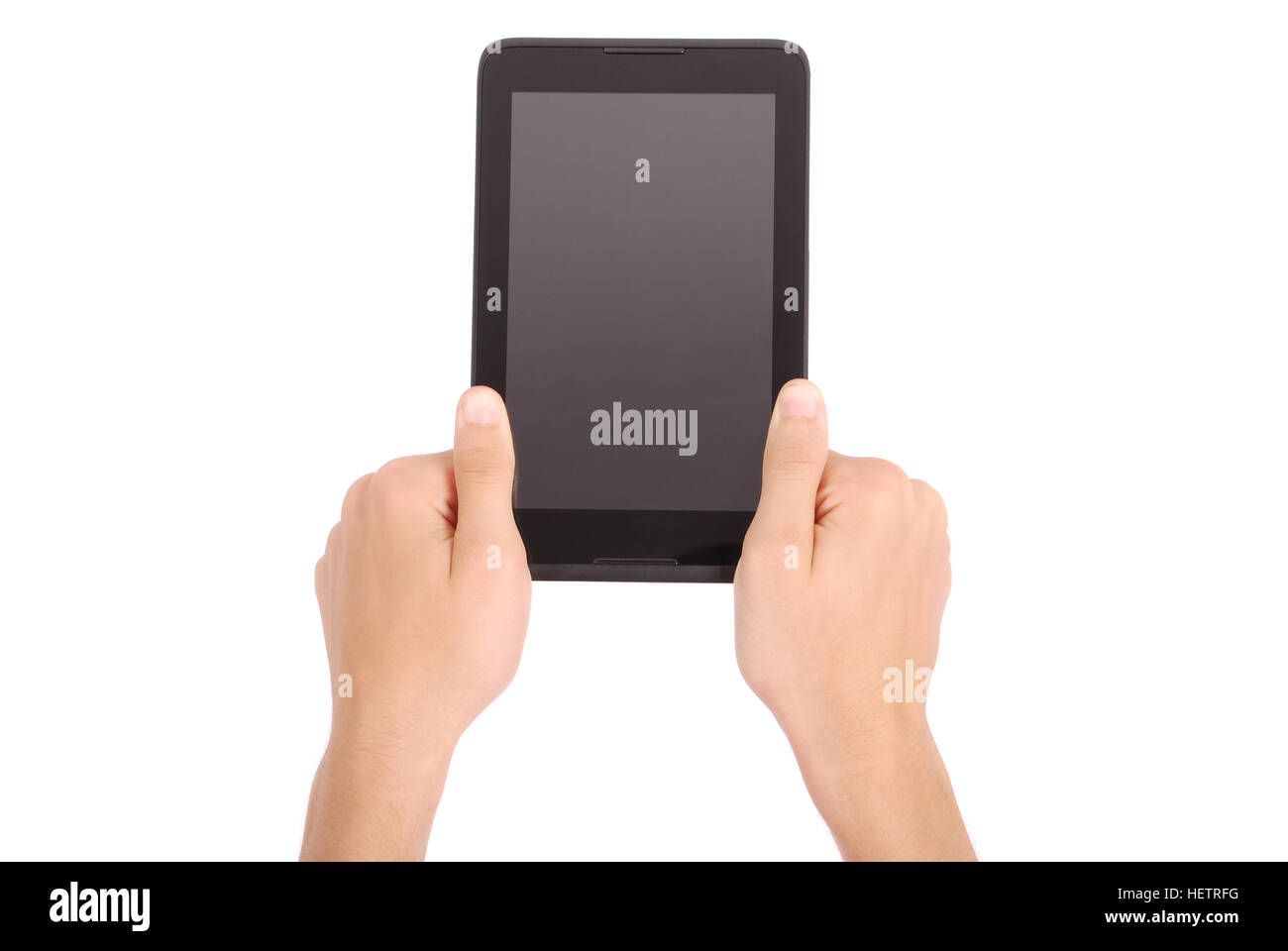 Man holding both hands tablet PC isolated on white Stock Photo - Alamy