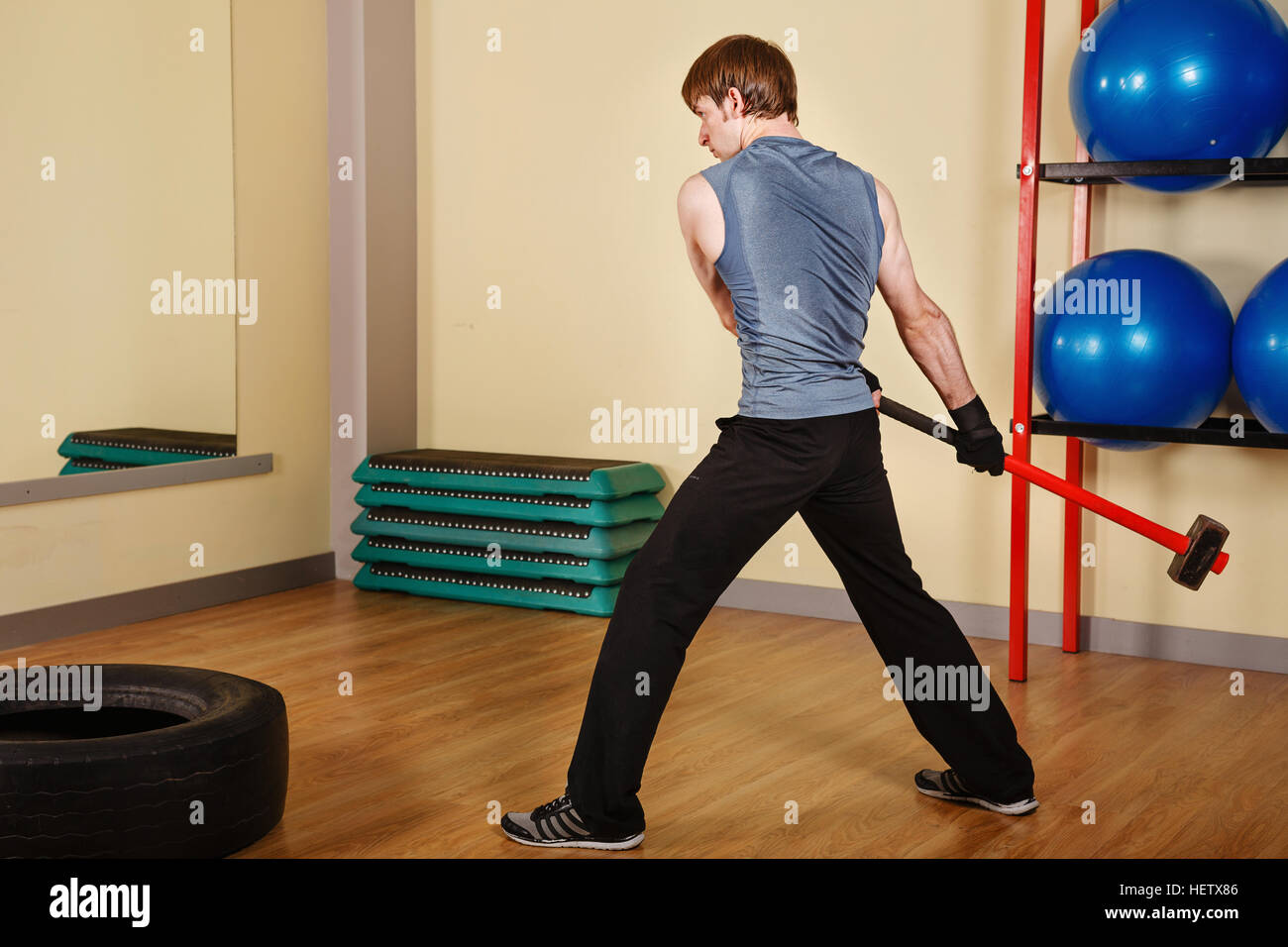 Man beats hammer on the bus. Healthy lifestyle concept. Fitness Stock ...