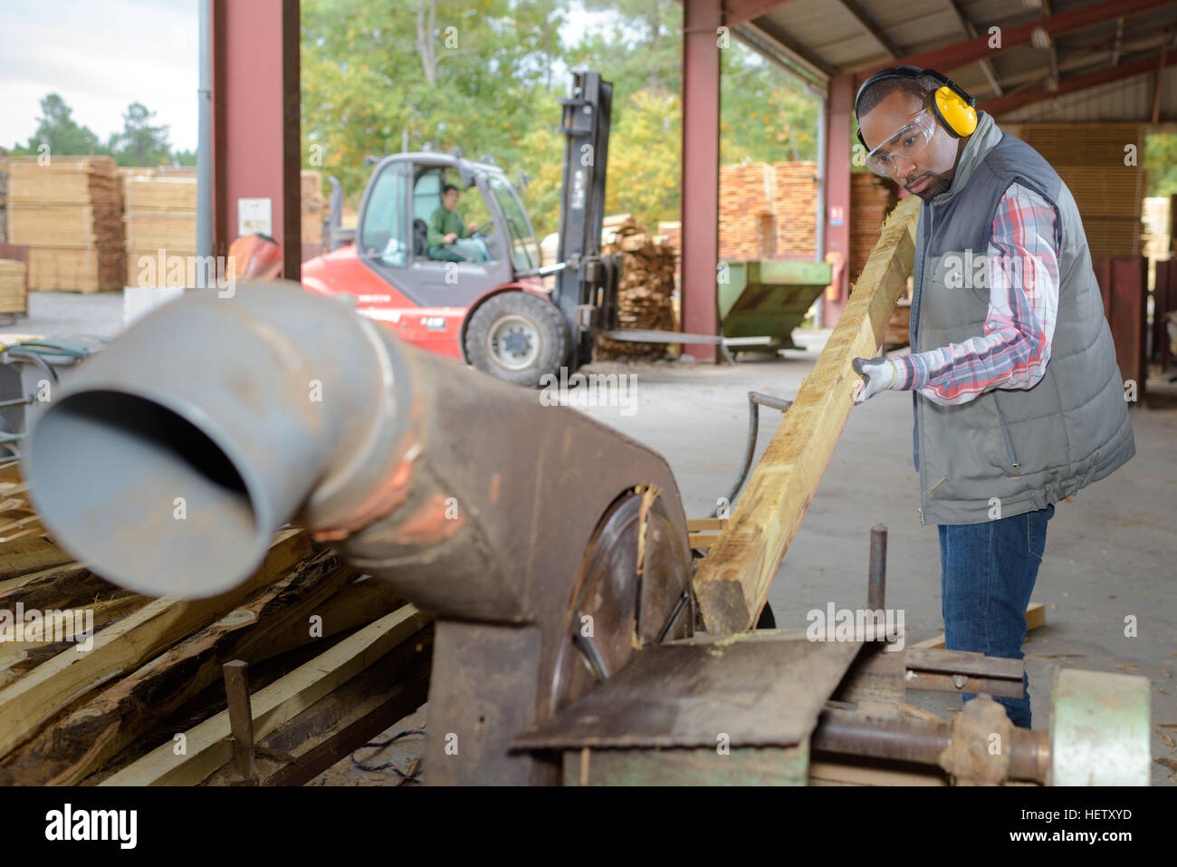 inserting wood into a machine Stock Photo - Alamy