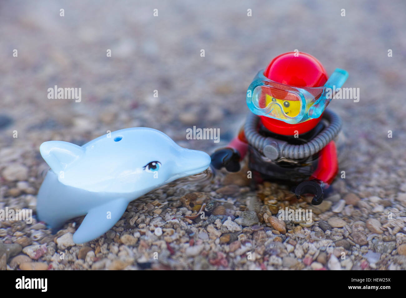 Paphos, Cyprus - October 09, 2016 Lego scuba diver and dolphin in the ...