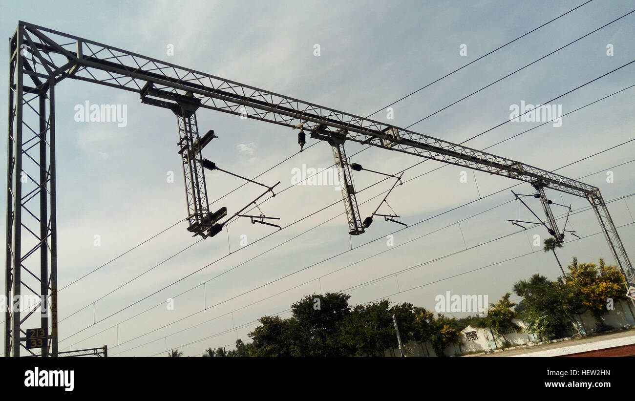overhead line of railway electirc pole---closeup Stock Photo - Alamy