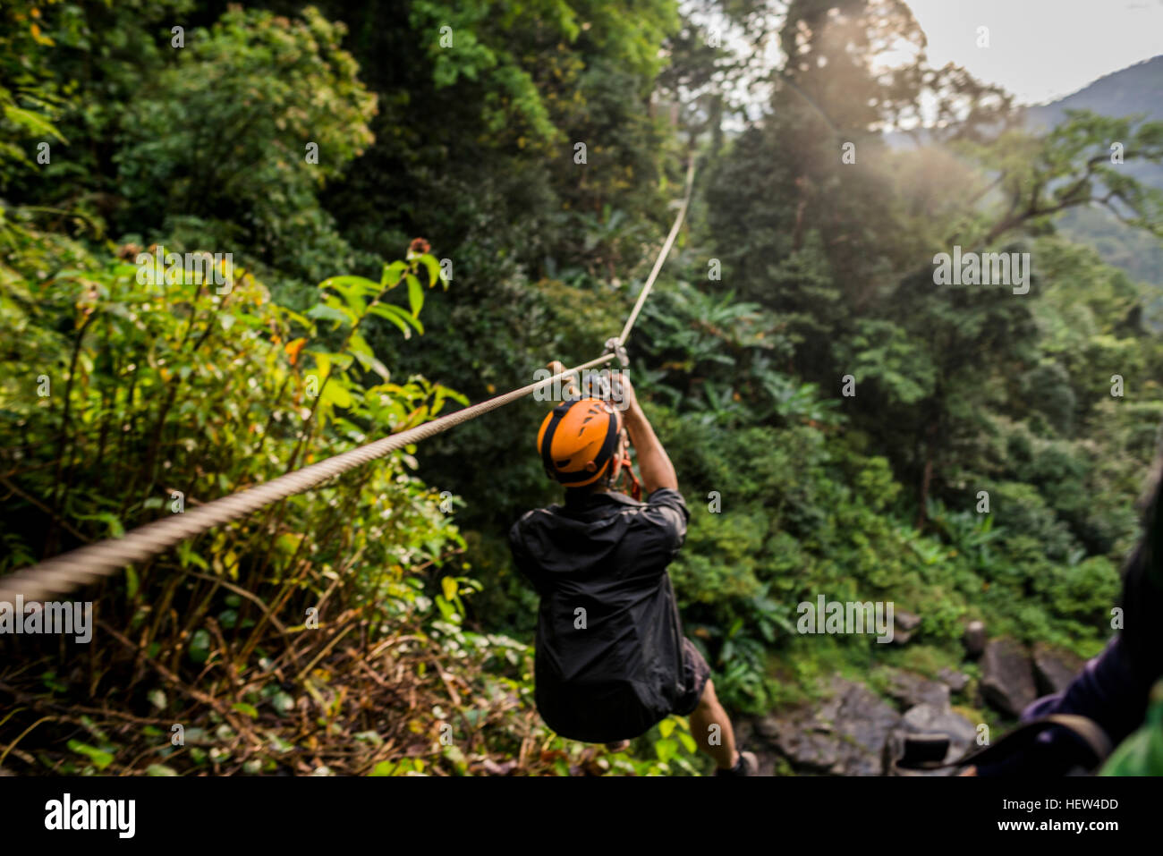 Man on zip wire in forest, Ban Nongluang, Champassak province, Paksong ...