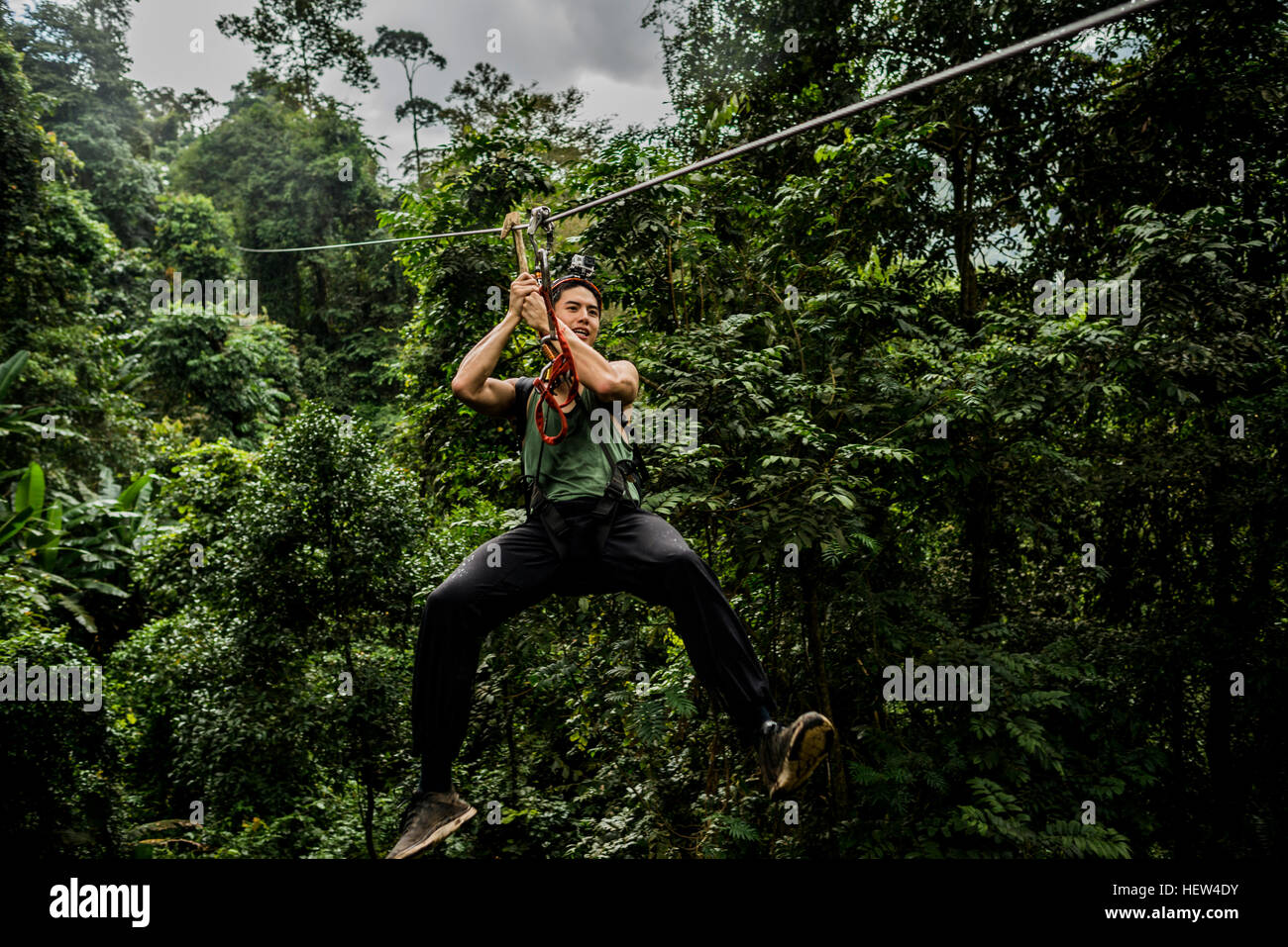 Man on zip wire in forest, Ban Nongluang, Champassak province, Paksong ...
