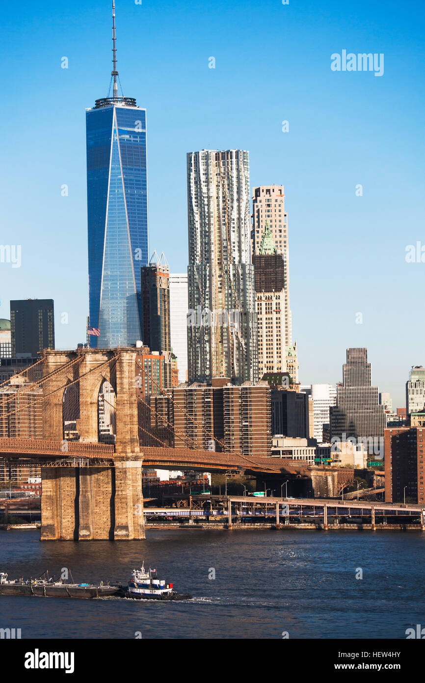 Cityscape with Brooklyn Bridge and One World Trade Centre, New York ...