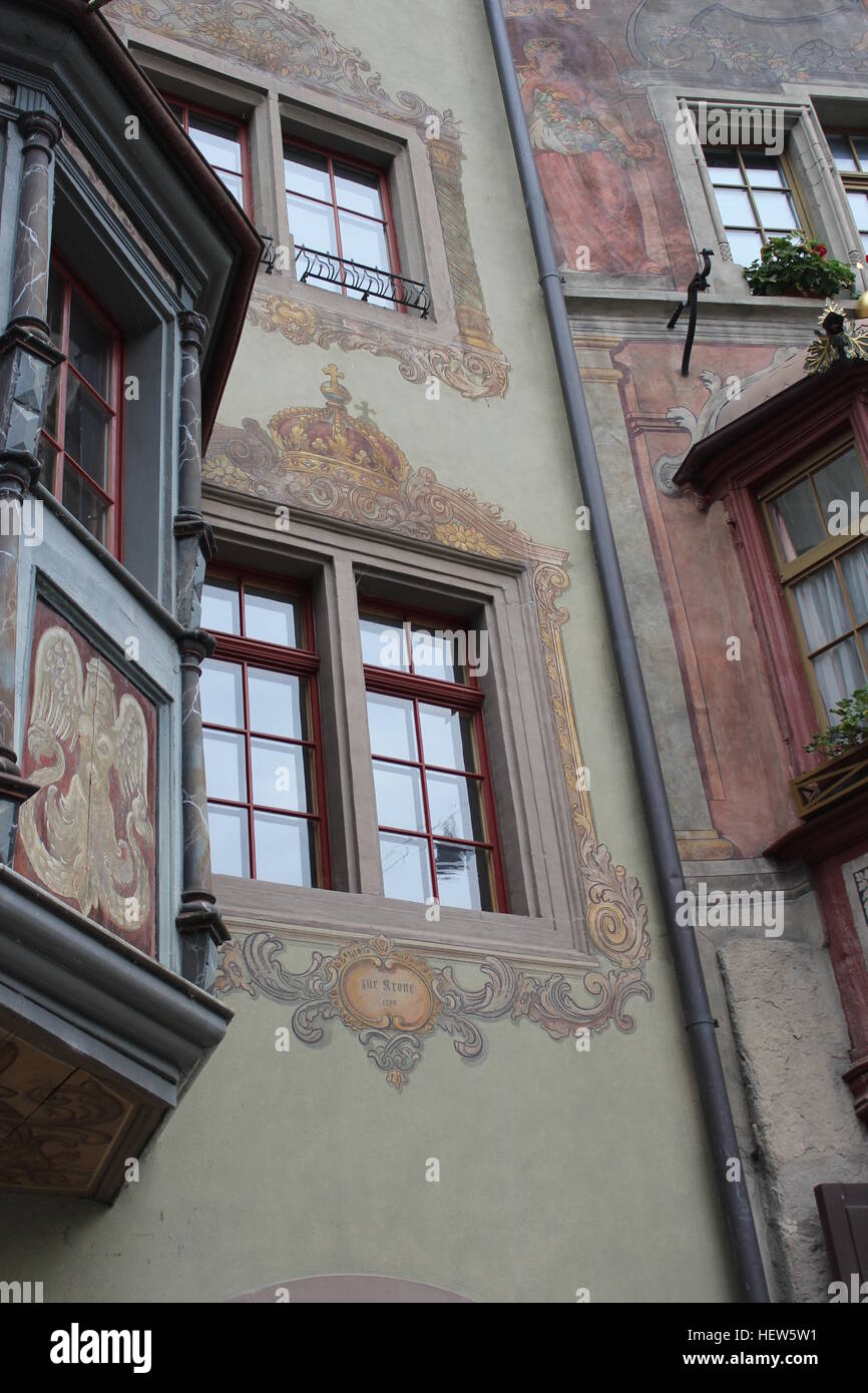 The beautifully painted Swiss window of a historic building in Stein am ...