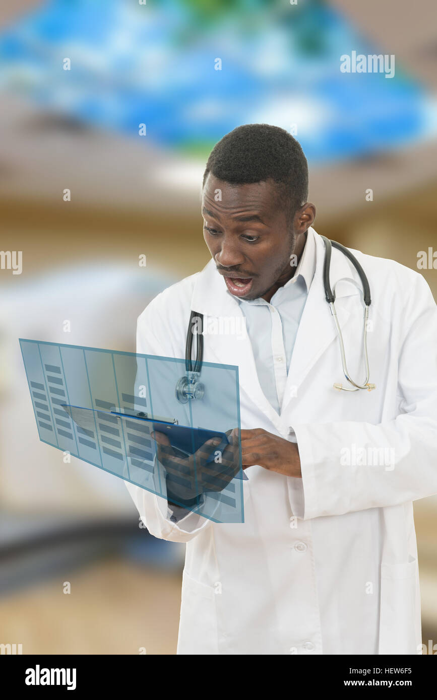 Closeup portrait of shocked african american black doctor, holding ...