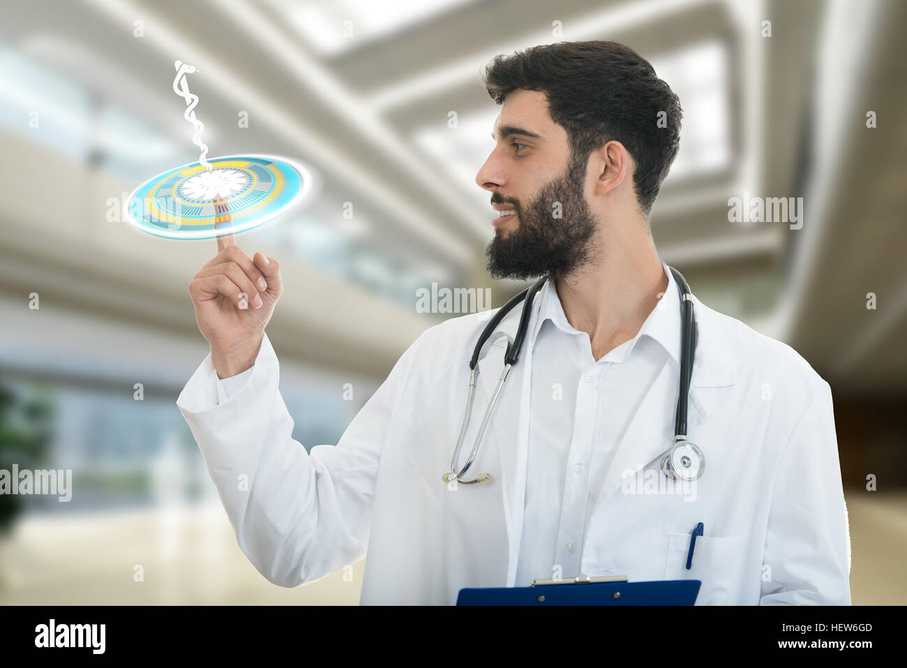 Male doctor makes a pointing finger gesture, with medical symbols in ...