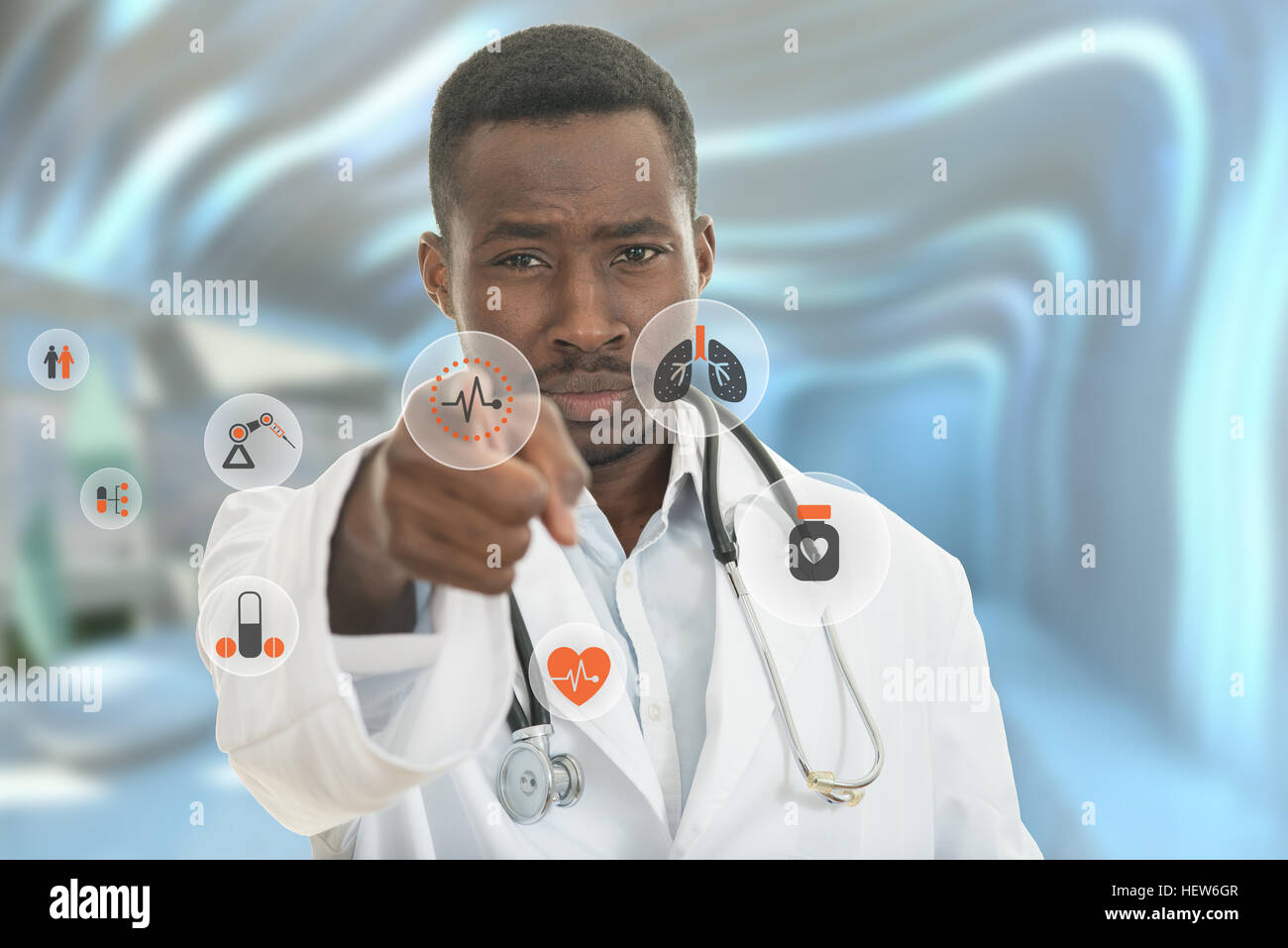 Angry african black male doctor pointing finger at you with stethoscope ...