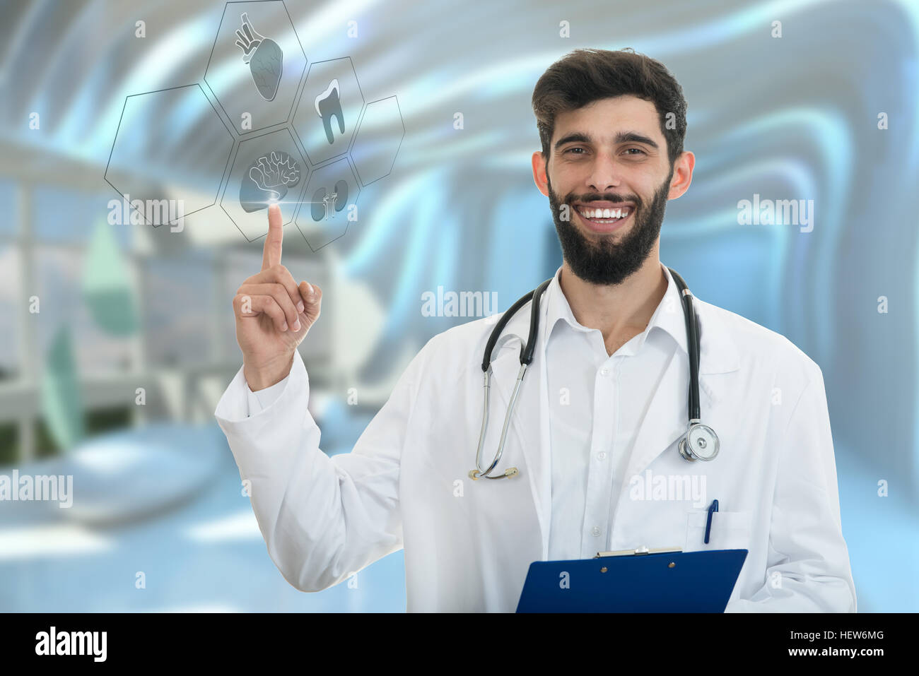 Male doctor makes a pointing finger gesture, with medical symbols in ...