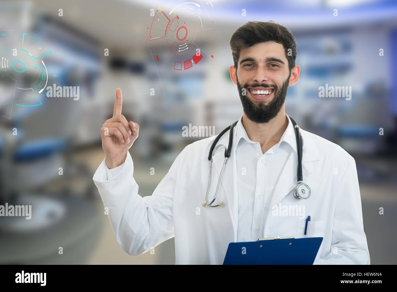 Male doctor makes a pointing finger gesture, with medical symbols in ...