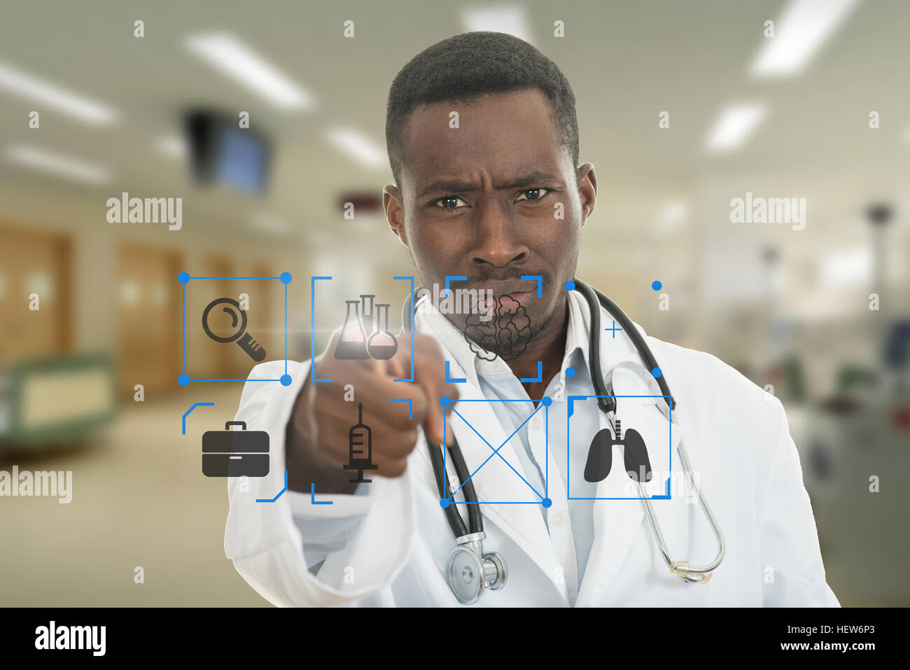 Angry african black male doctor pointing finger at you with stethoscope ...