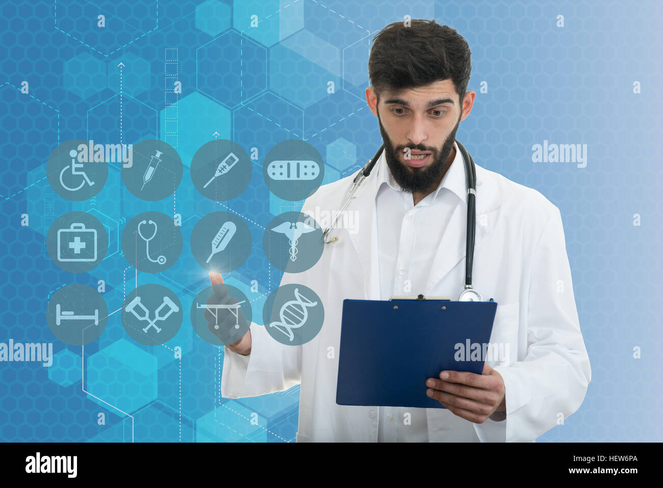 Male Doctor standing with folder, medical symbols Stock Photo - Alamy