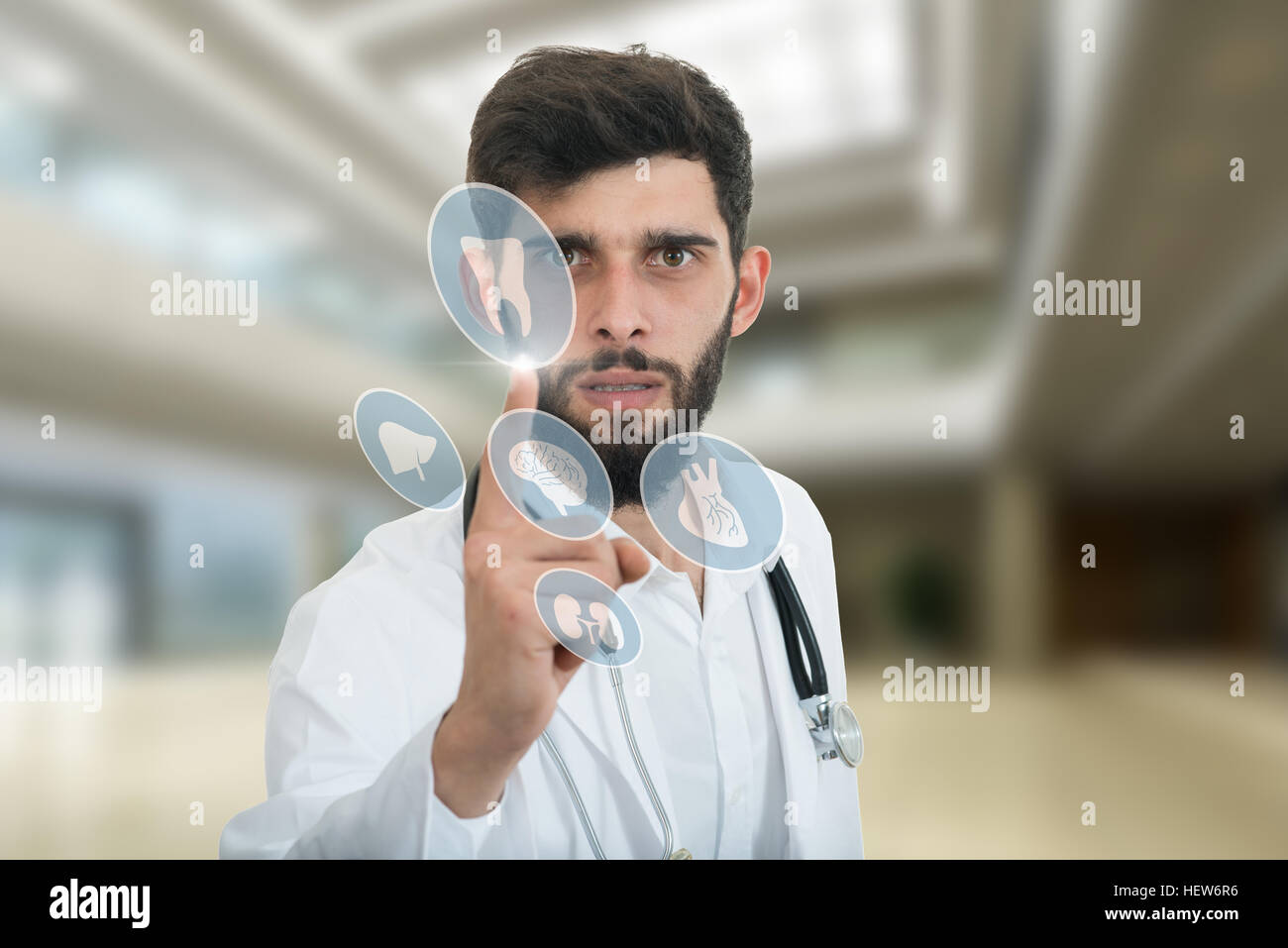 A close-up portrait of a rude, frustrated, upset doctor isolated on a ...