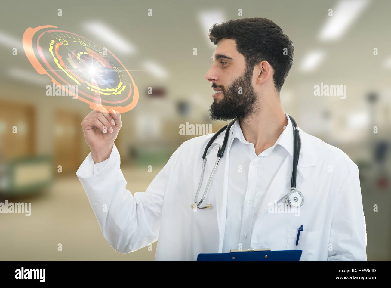 Male doctor makes a pointing finger gesture, with medical symbols in ...