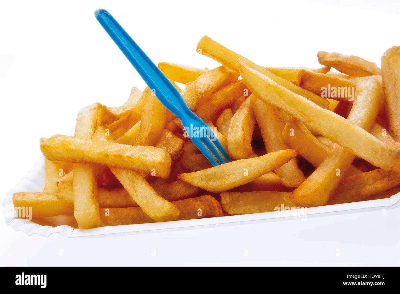 French fries and small blue plastic fork on a paper plate Stock Photo ...