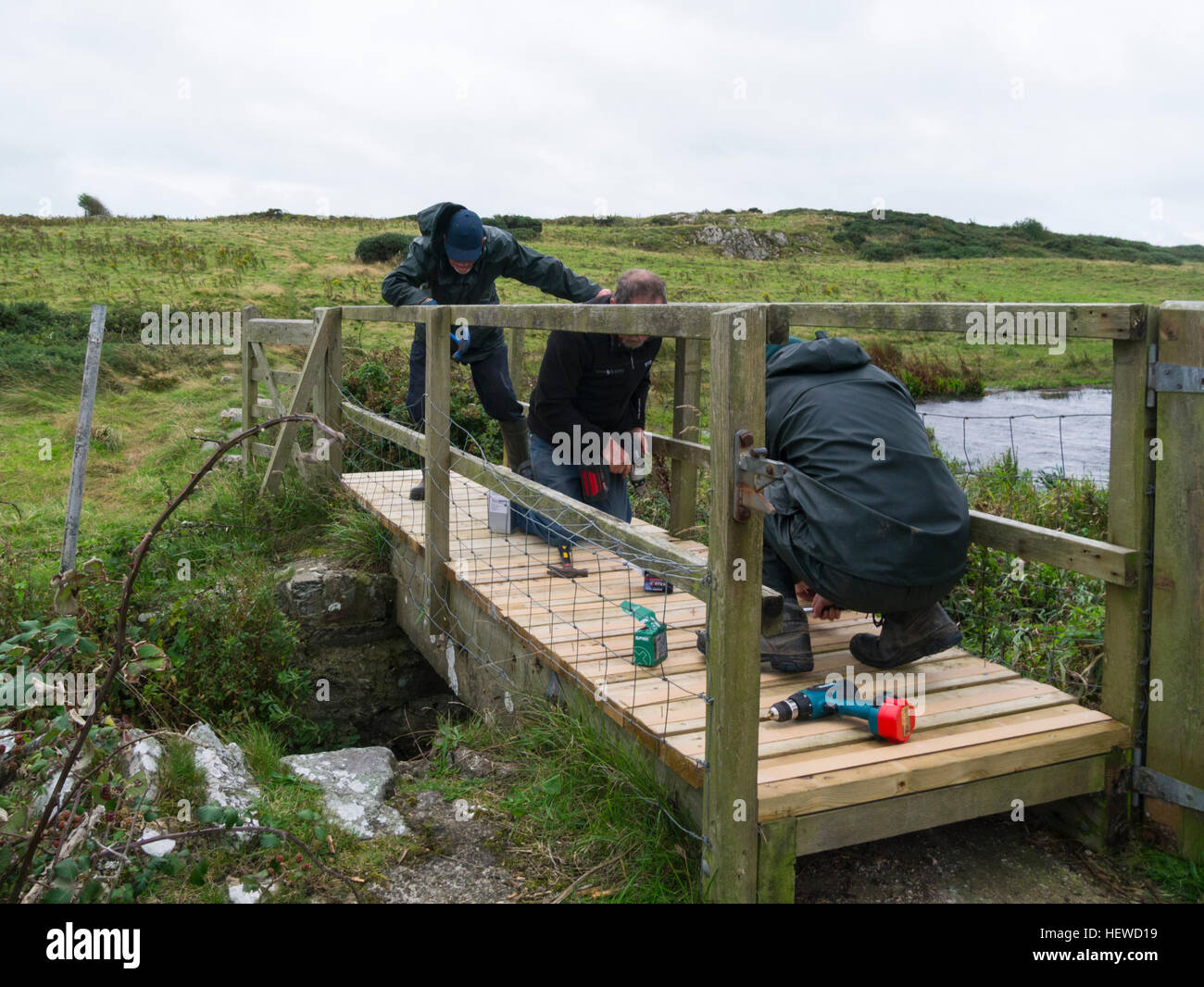 Skilled Volunteer workers replacing treads on a footbridge on a public ...