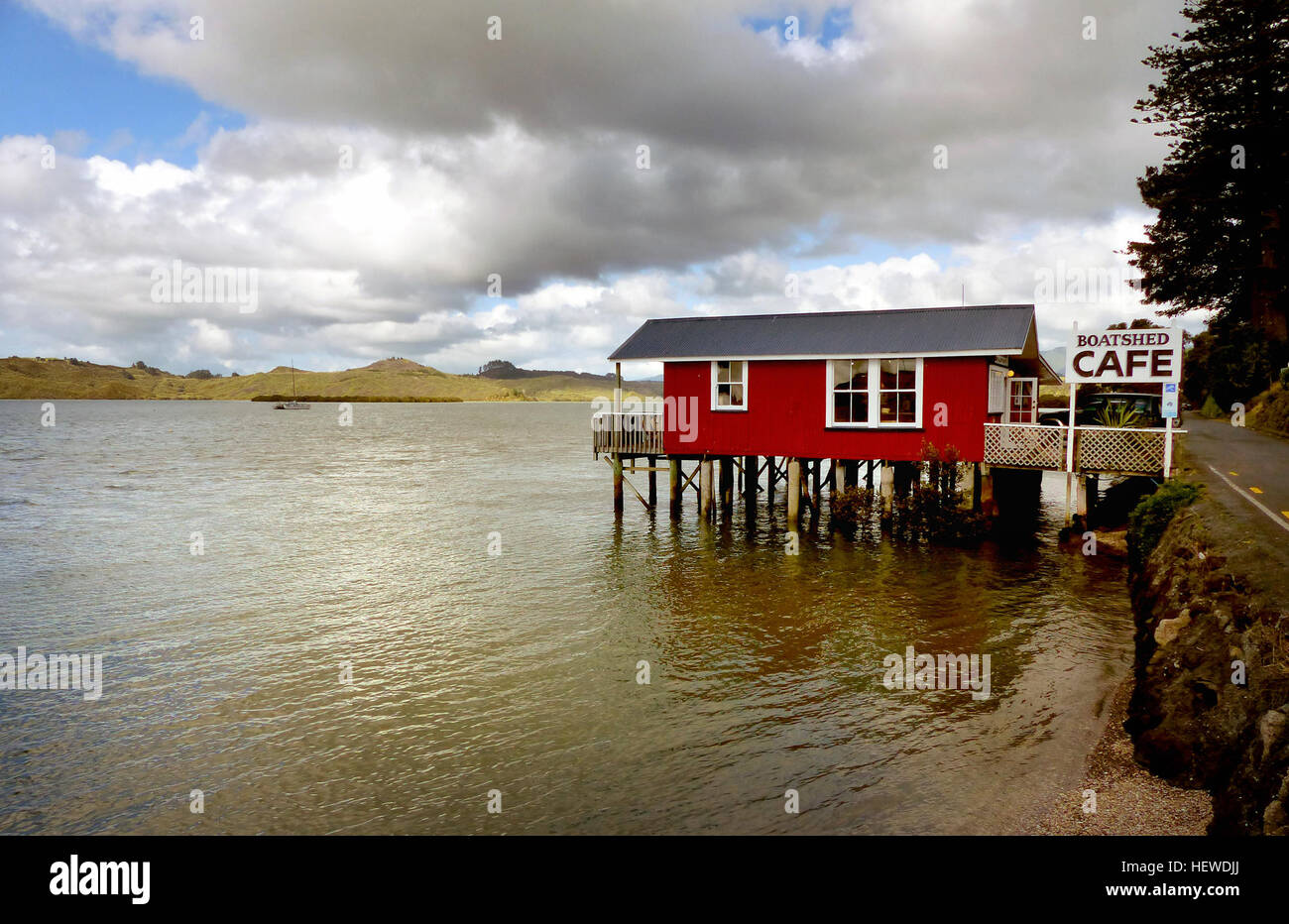 Boatshed Cafe, located over the waters of Hokianga Harbour in Rawene ...