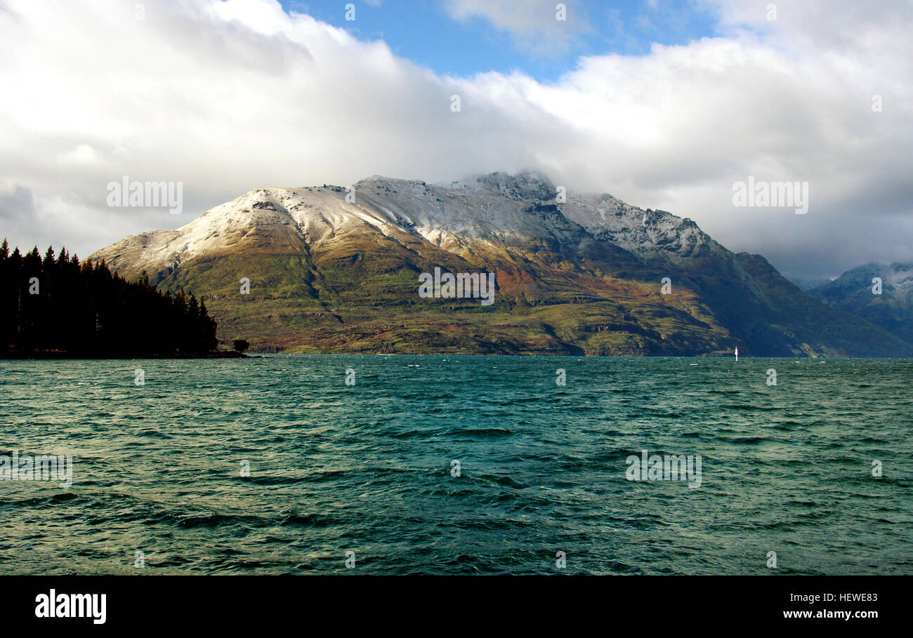 Cecil Peak, located in the Wakatipu Basin near Queenstown, New Zealand ...