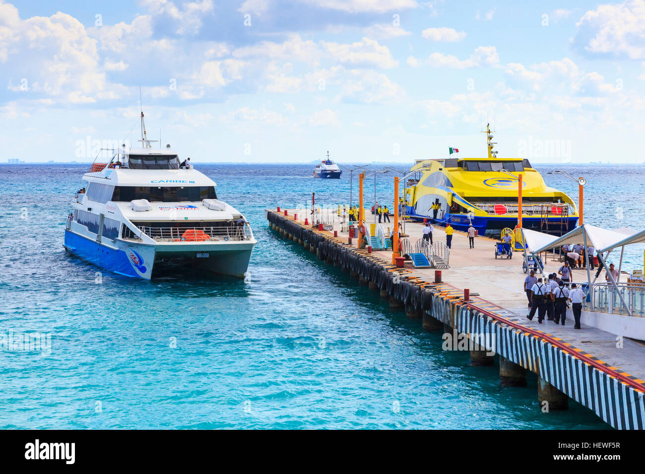 Ferries at the pier at Playa Del Carmen, Riviera Mya, Mexico. Ferries ...