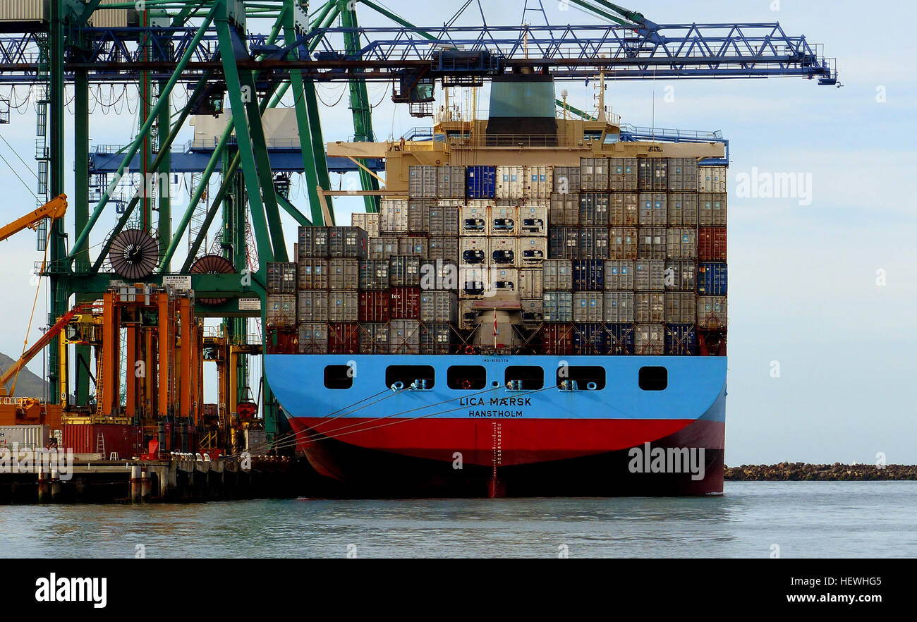 This container ship, flagged in Denmark, is a modern cargo vessel with ...