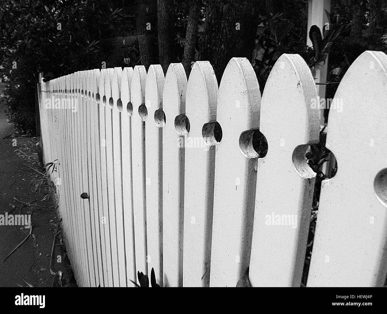 This photograph showcases a simple yet charming picket fence, capturing ...