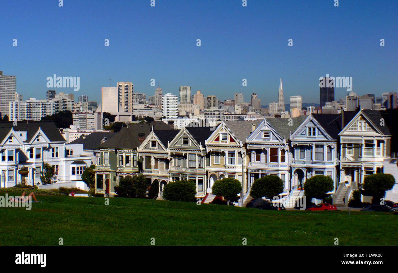 A photograph captures the iconic Painted Ladies at Alamo Square in San ...