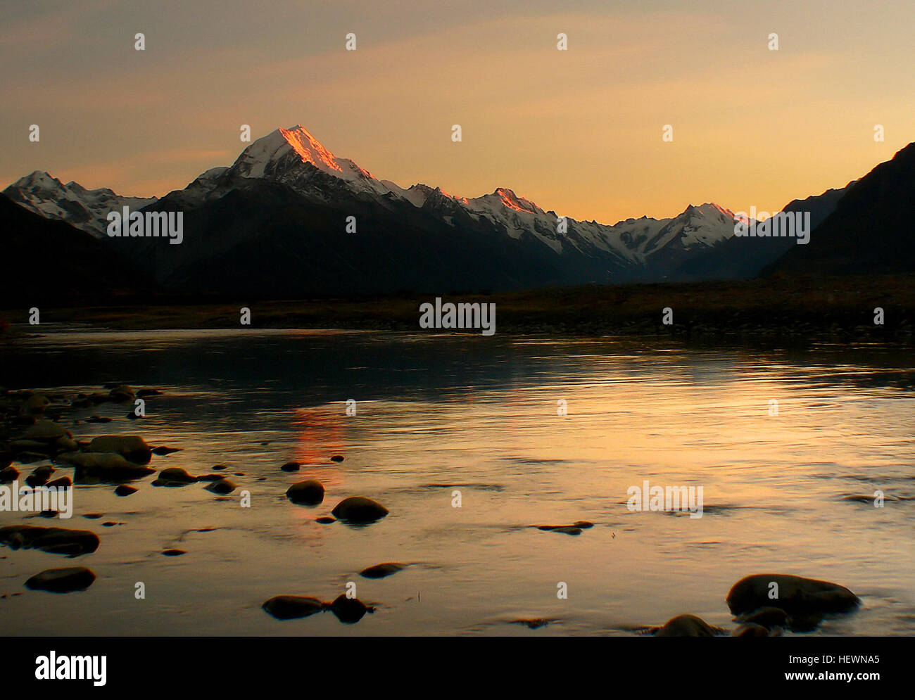 This photograph captures Mount Cook National Park in New Zealand, known ...