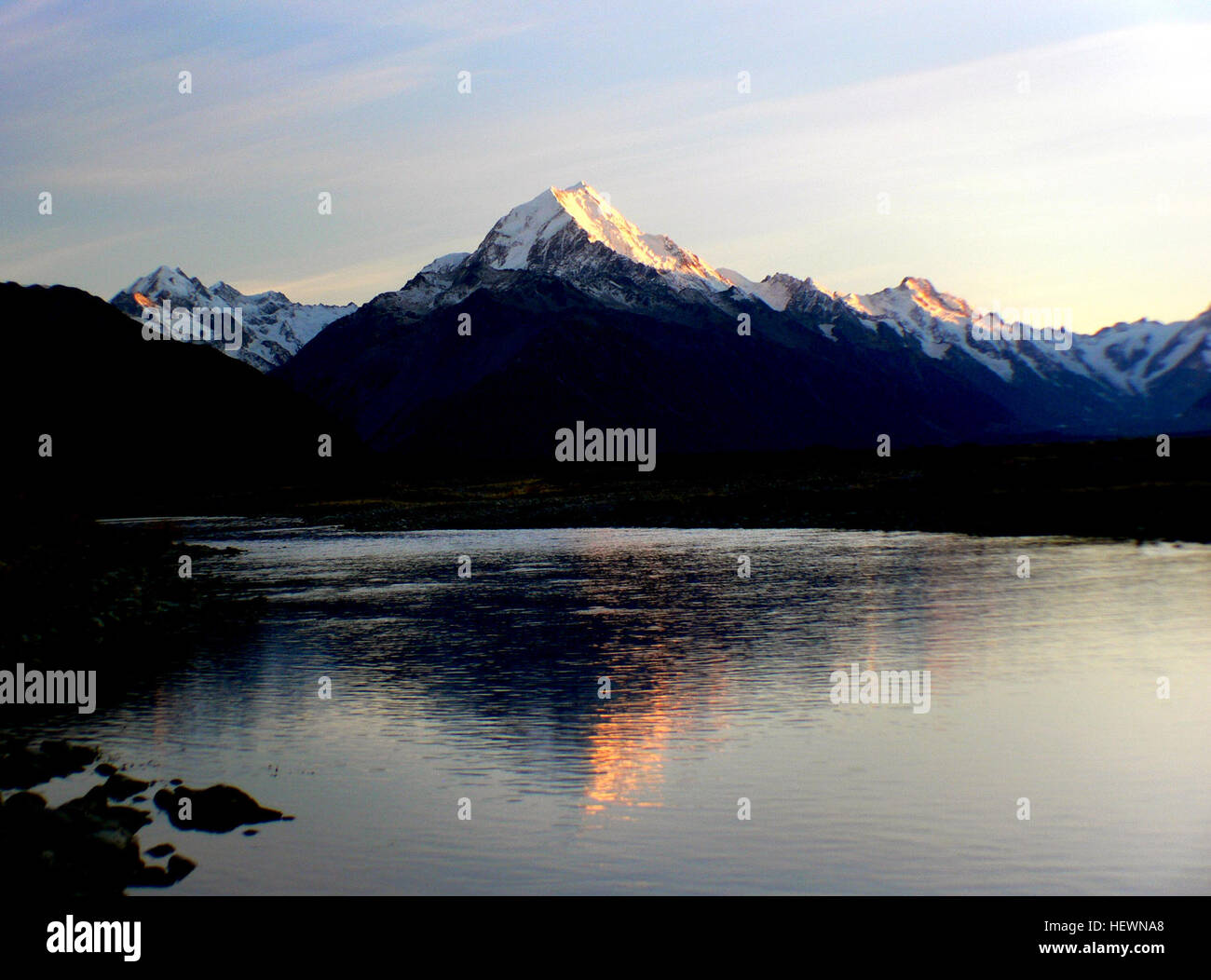 A stunning view of Mount Cook, the highest peak in New Zealand, located ...
