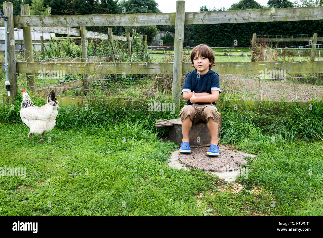 Boy sitting on farm with chicken Stock Photo - Alamy