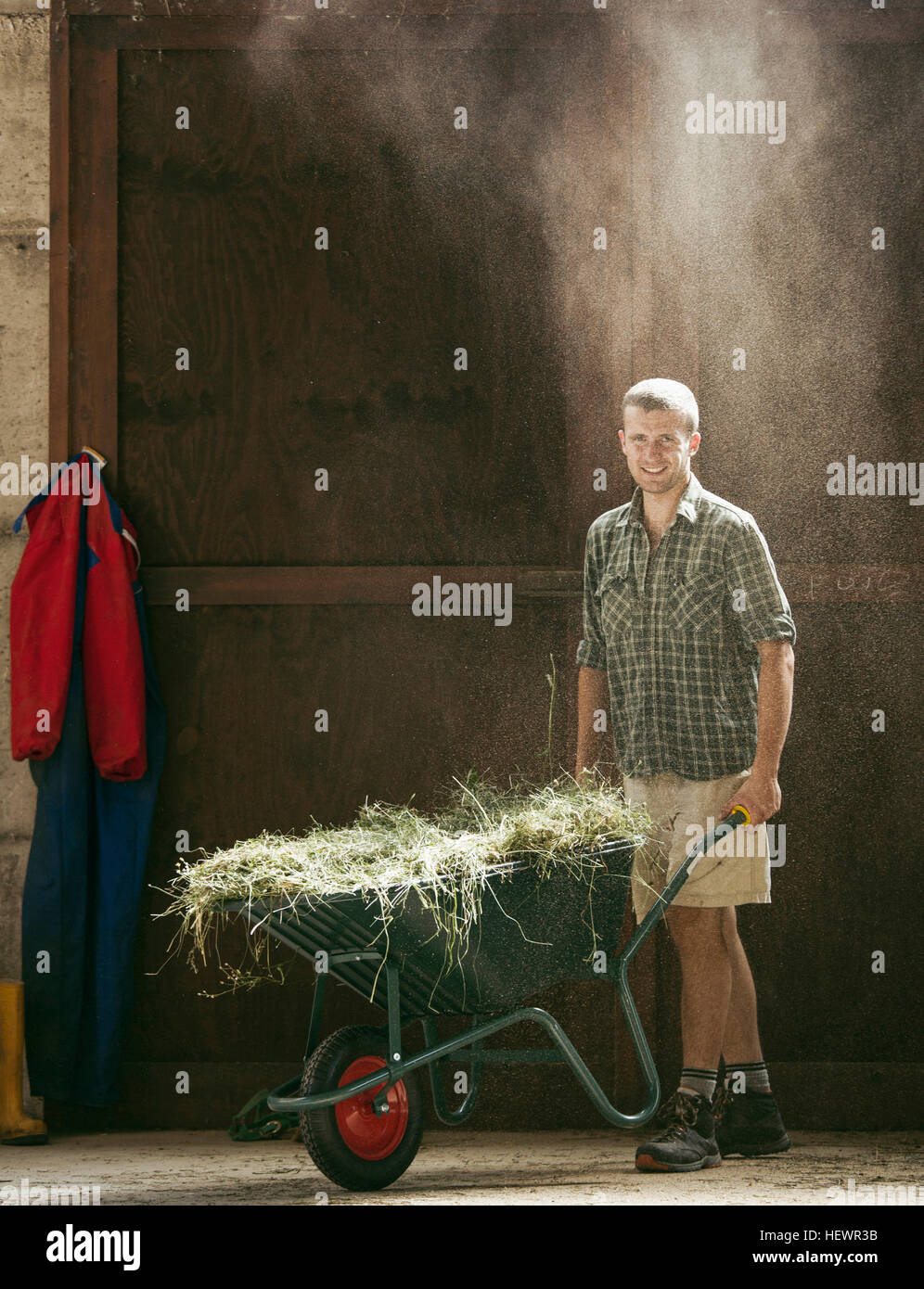 Portrait of young male farmworker with wheelbarrow in dusty farm barn ...