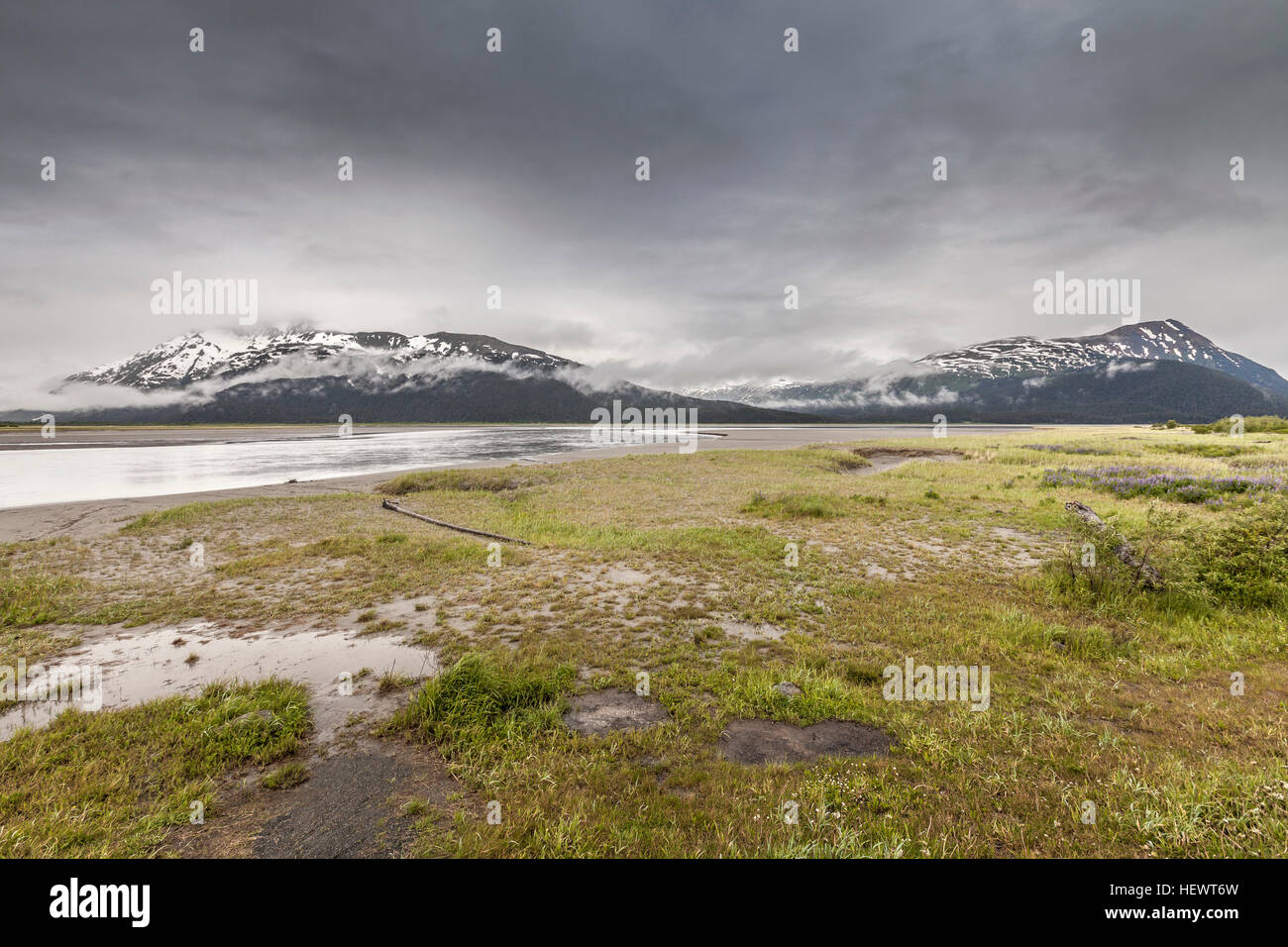 Snow capped mountains across wetlands, Bird Point, Seward Highway ...