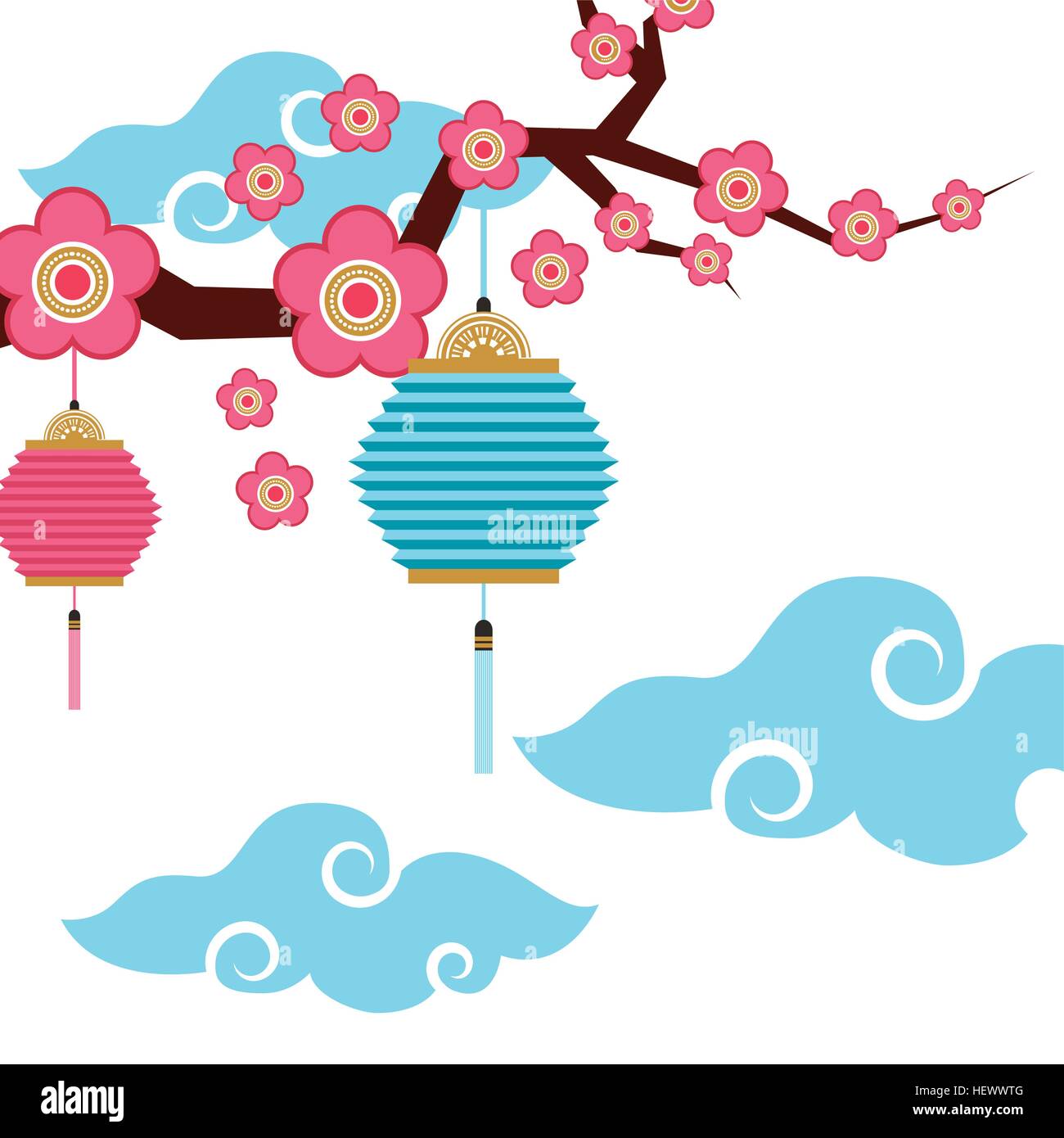 chinese branch with flowers and lanterns decorations hanging. colorful ...