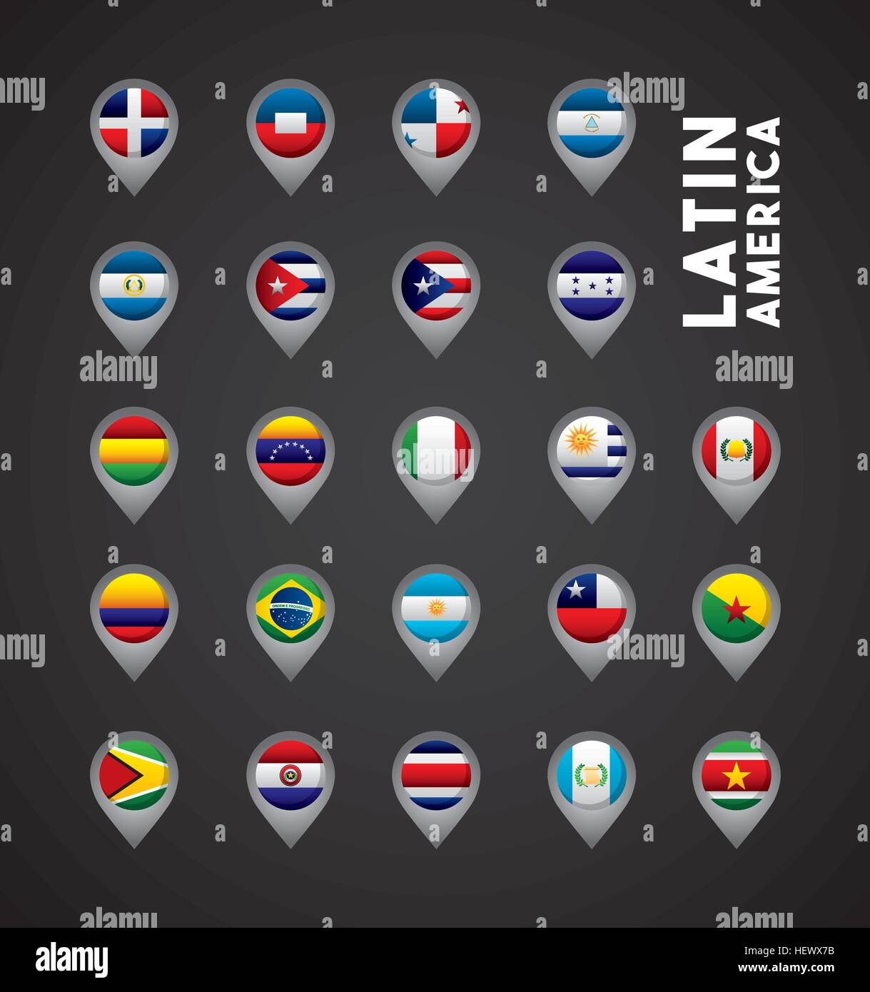 flags of latin america countries on location pins. colorful design. vector illustration Stock ...