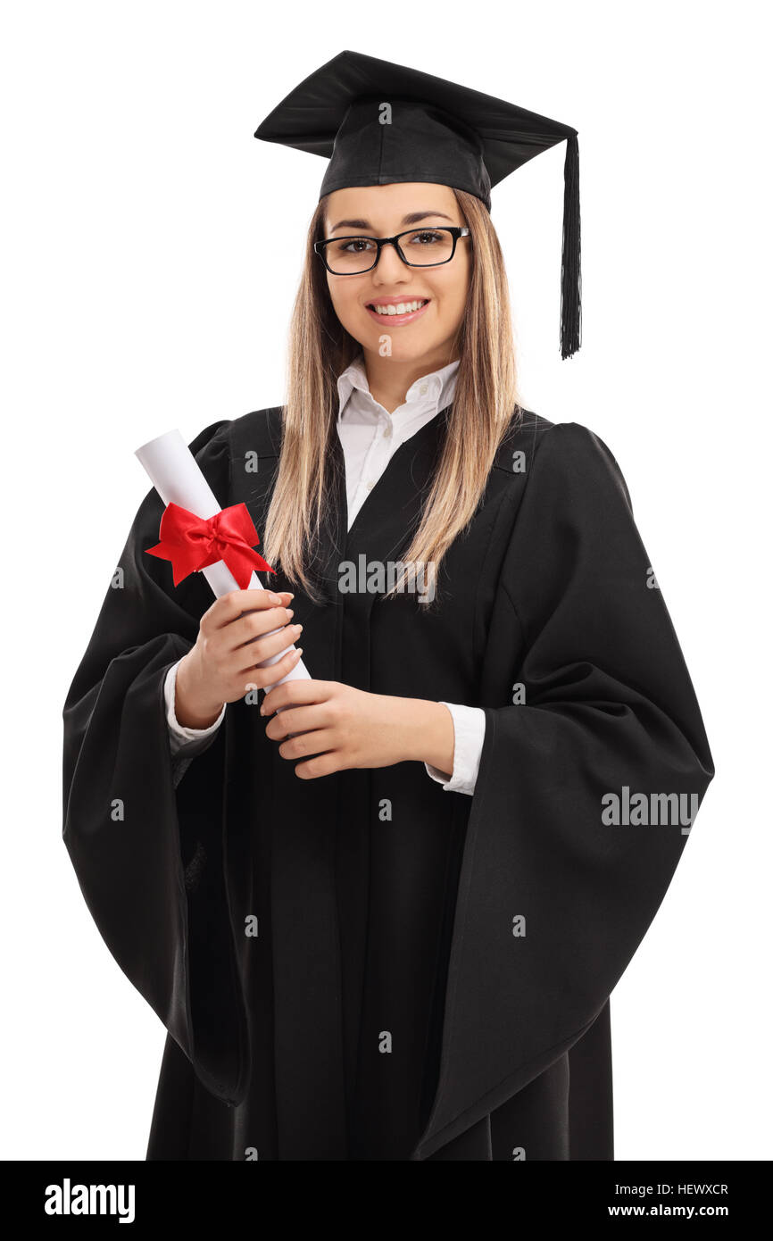 Happy graduate student holding a diploma isolated on white background ...