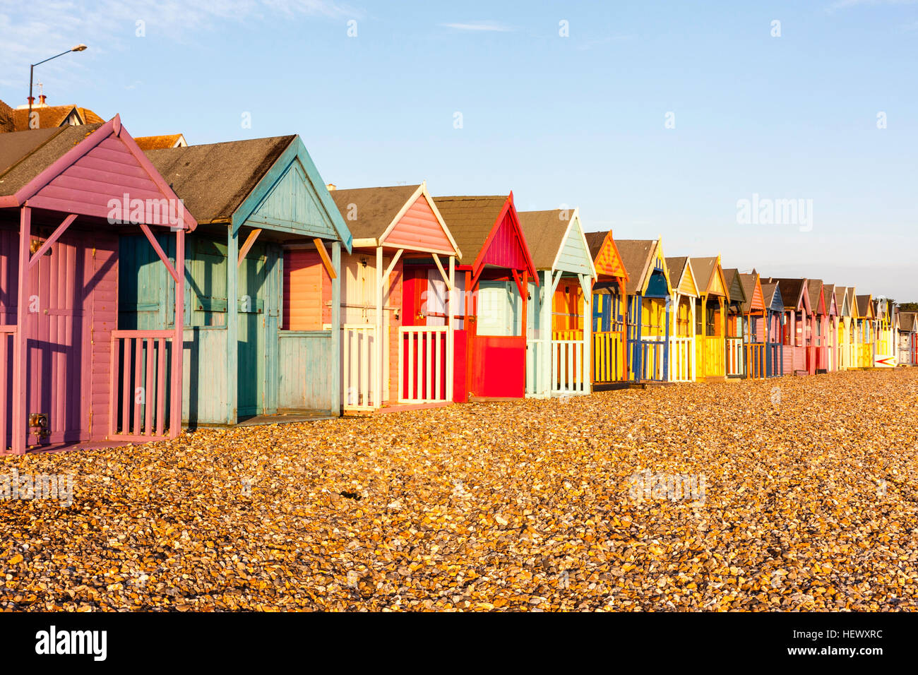 View along Row of English traditional beach huts at Herne Bay on the ...