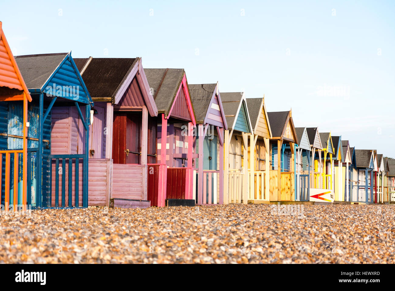View along Row of English traditional beach huts at Herne Bay on the ...