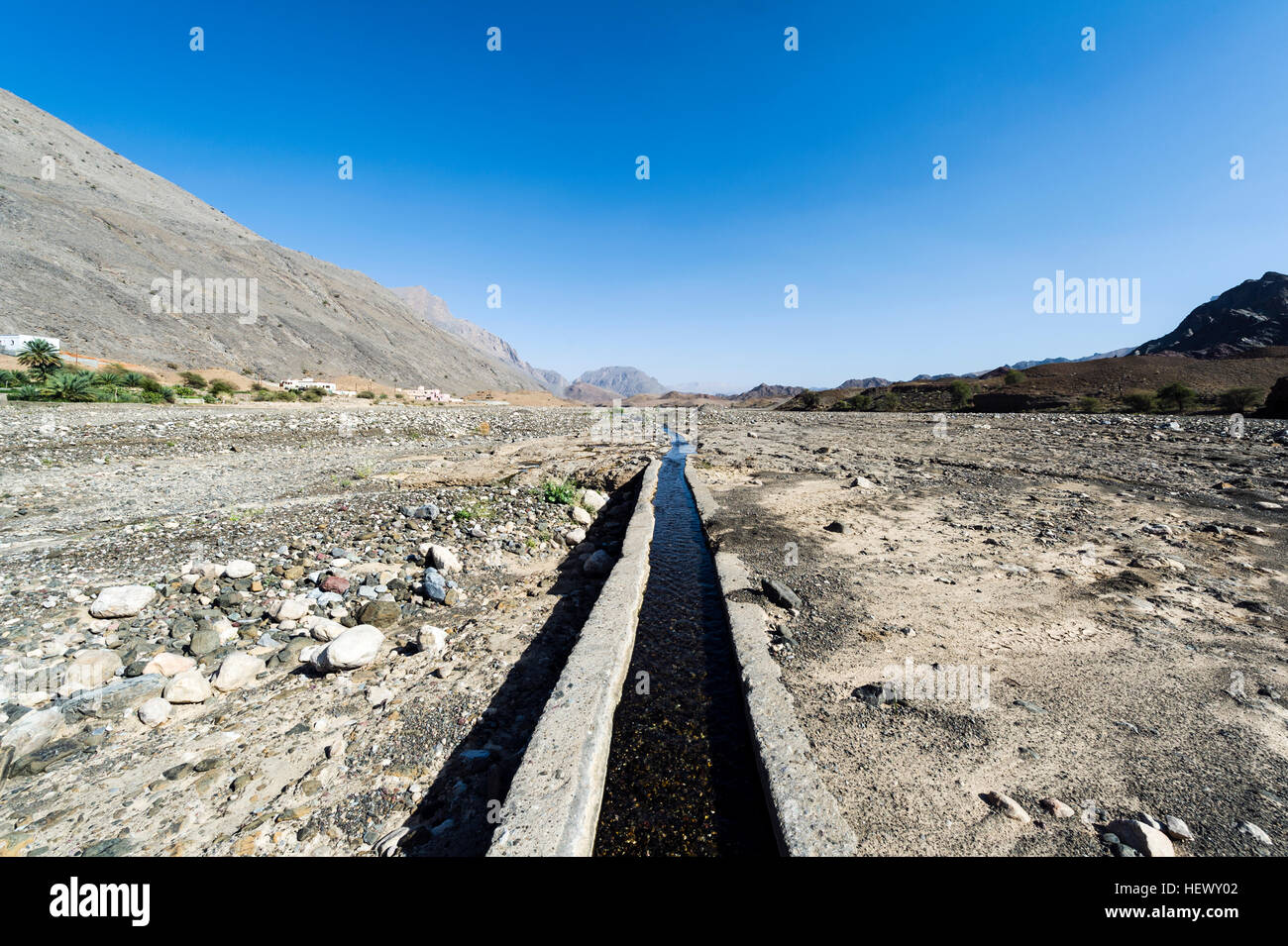 Water runs through a falaj in the desert and is used to irrigate crops ...