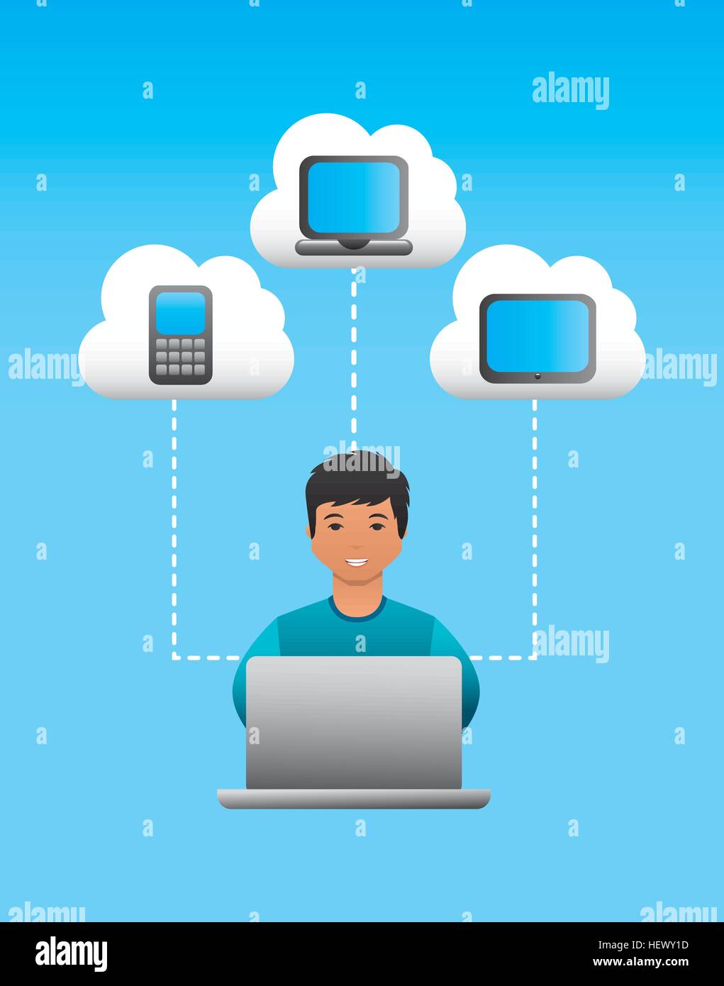 cartoon man with laptop computer and technology devices over blue ...