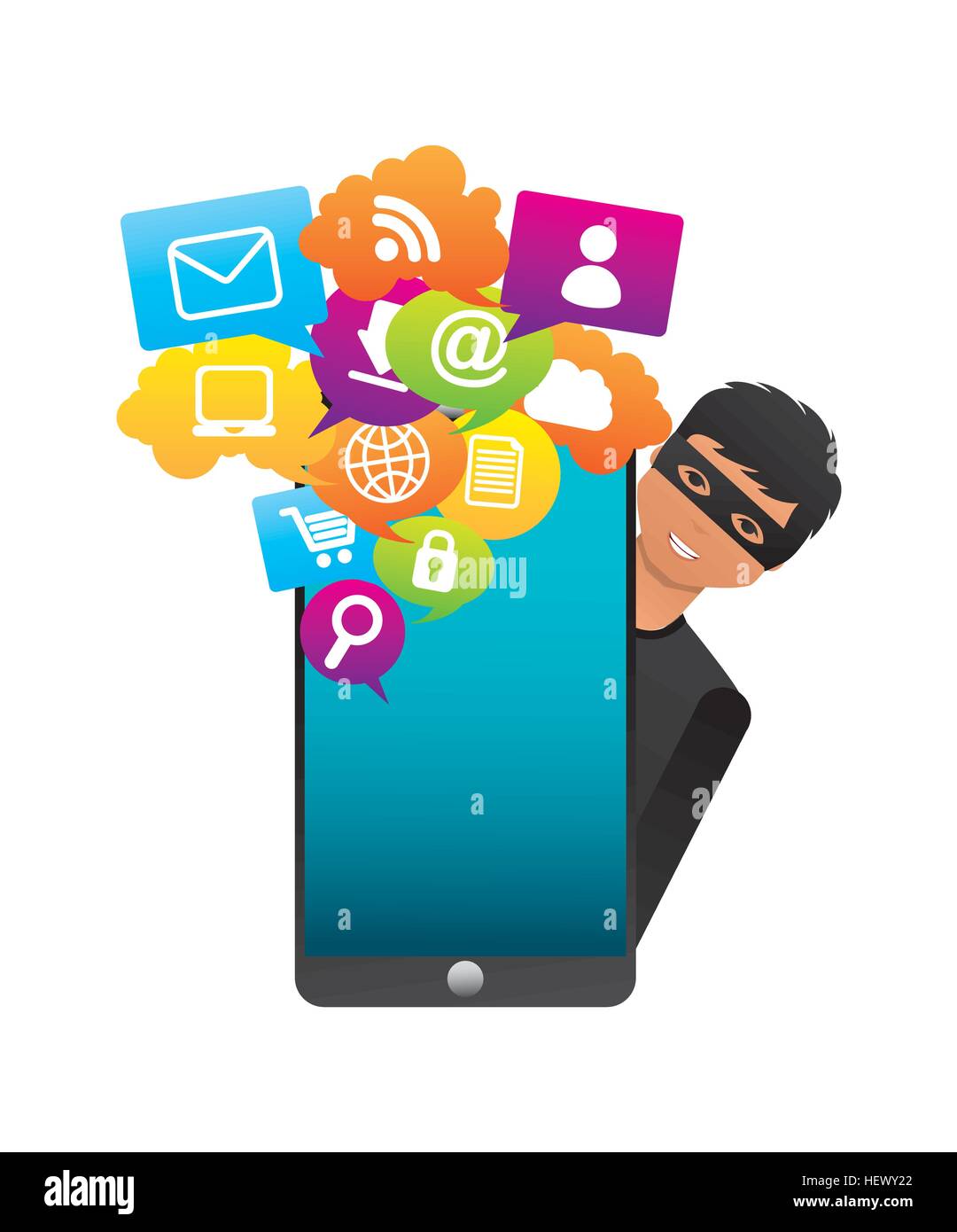 cartoon hacker man with smartphone computer icon over white background ...