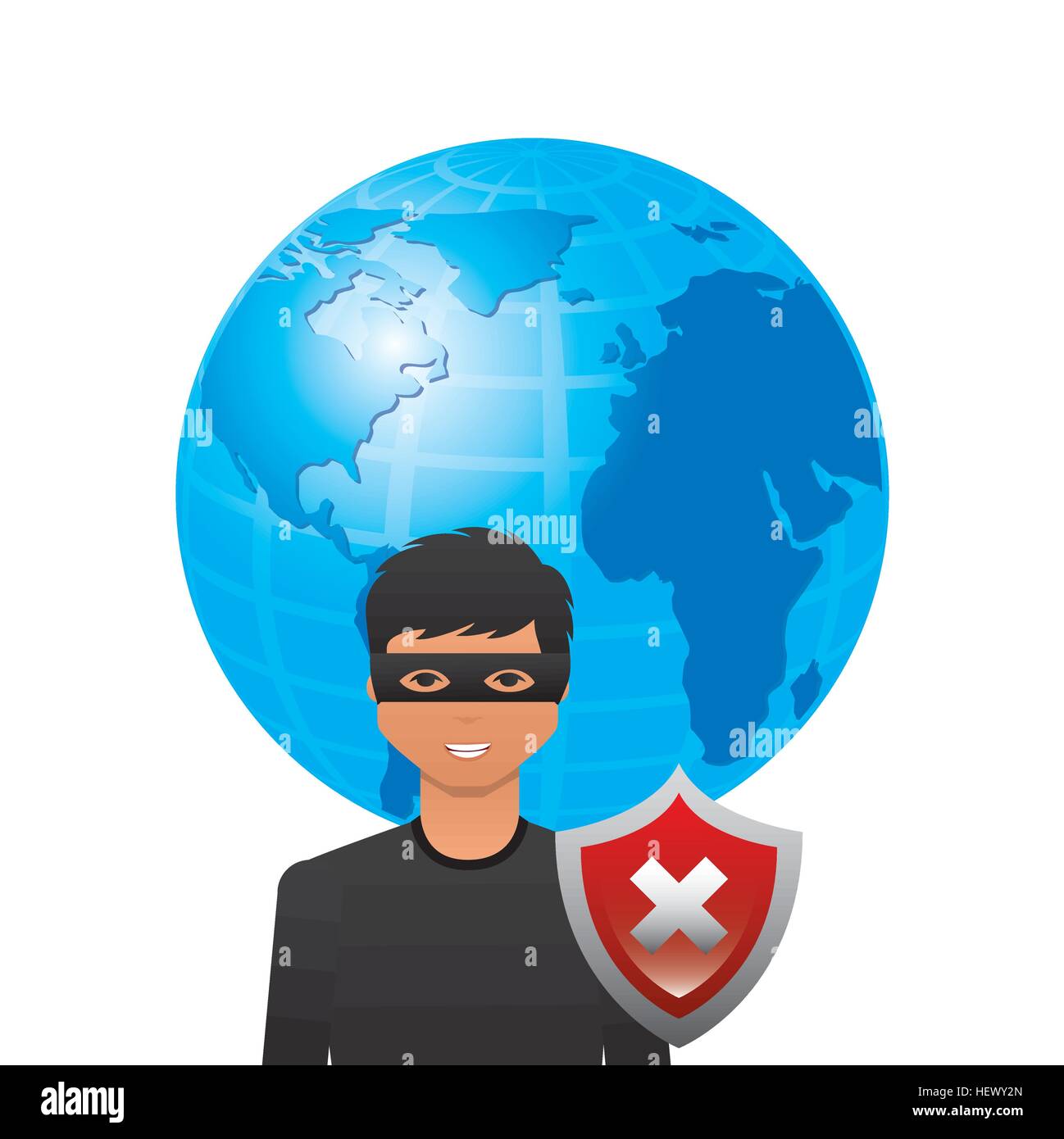 cartoon hacker man with earth planet and wrong shield icon over white ...