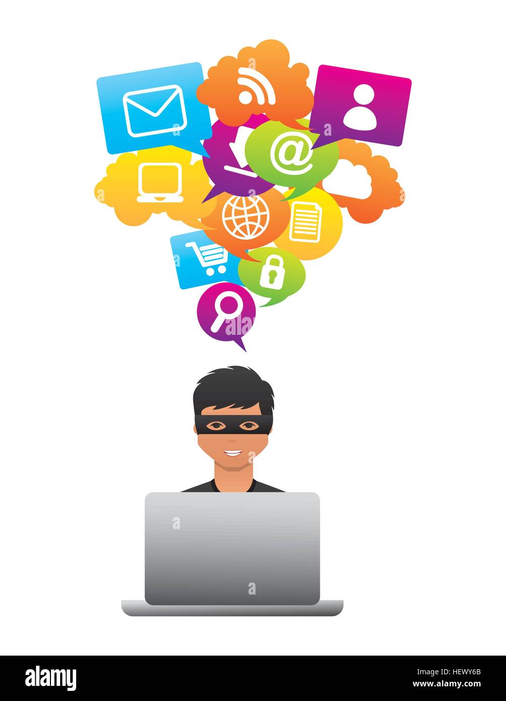 cartoon hacker man with laptop computer icon over white background ...