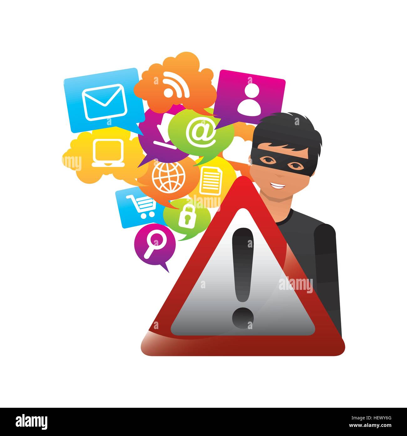 cartoon hacker man with warning sign icon over white background. cyber ...