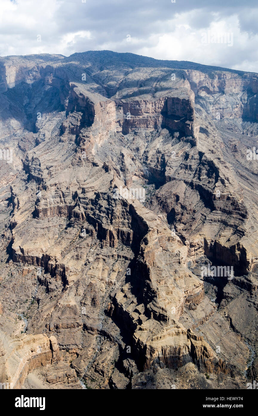 Sheer cliff walls and terraces carved by erosion in a massive desert ...