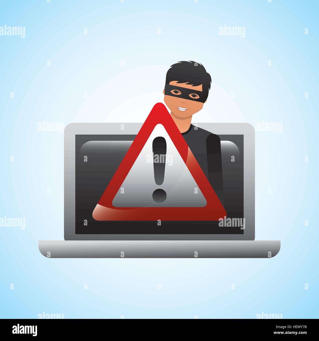 cartoon hacker man with laptop computer and alert sign icon over white ...