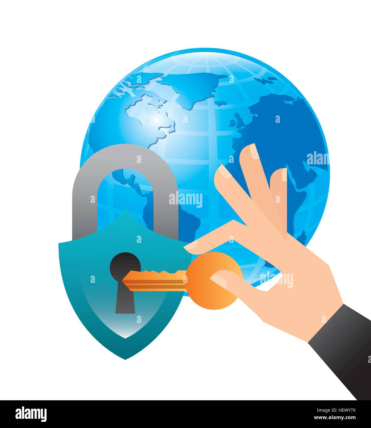 earth planet with padlock and hand holding a key icon over white ...
